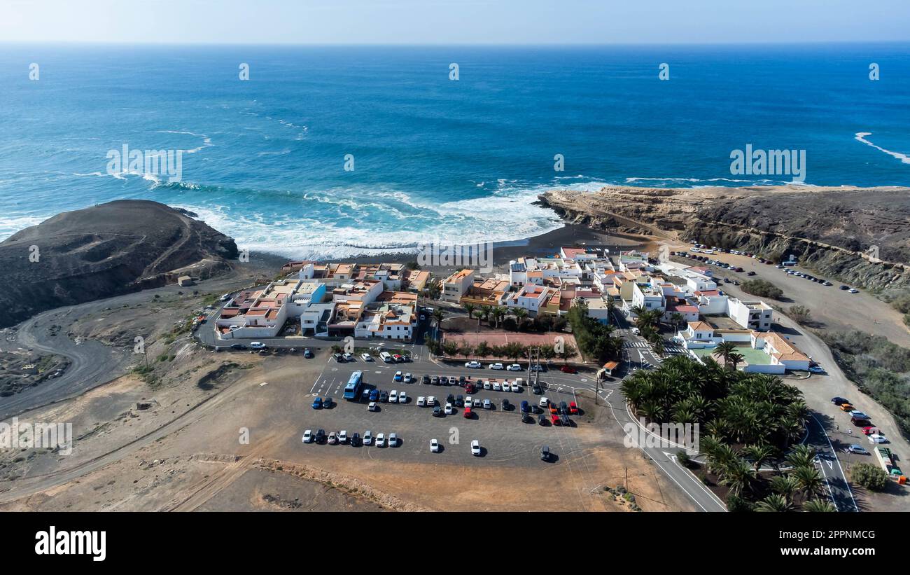 Aerial view of the small ocean side village of Ajuy on the western ...