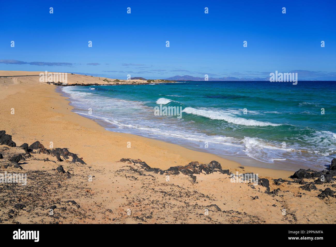 Moro beach in the Corralejo Natural Park in the north of Fuerteventura ...