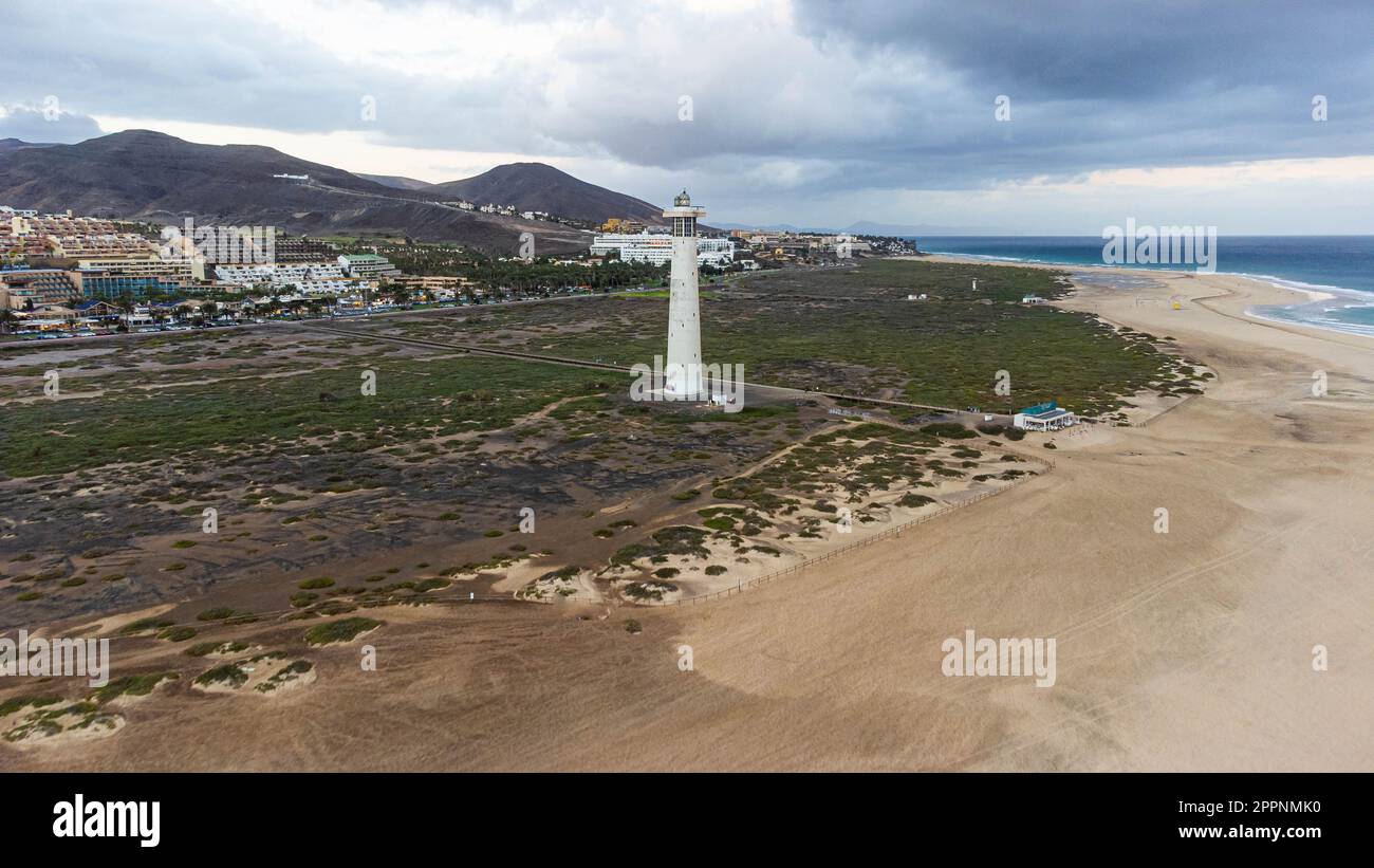 Aerial view of the Morro Jable lighthouse, built on marshland between ...