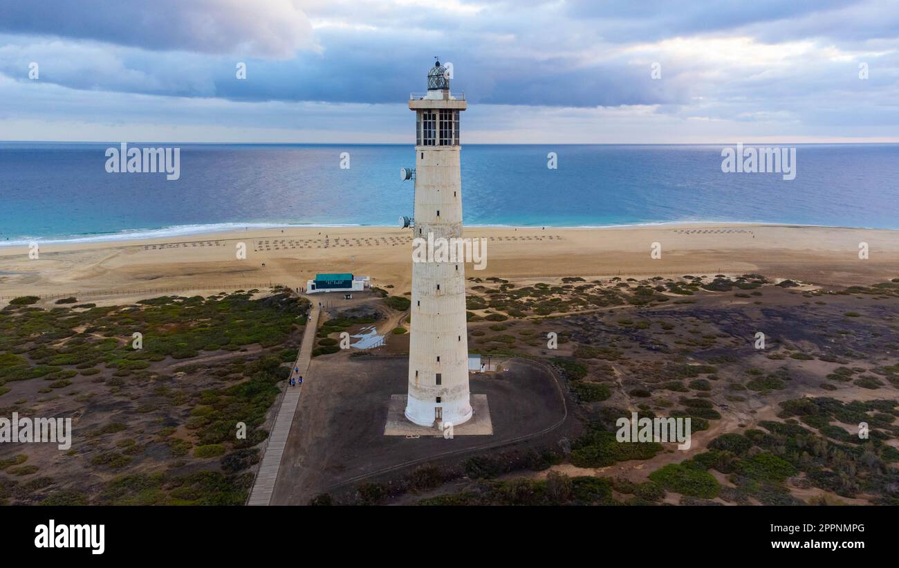 Aerial view of the Morro Jable lighthouse, built on marshland between ...