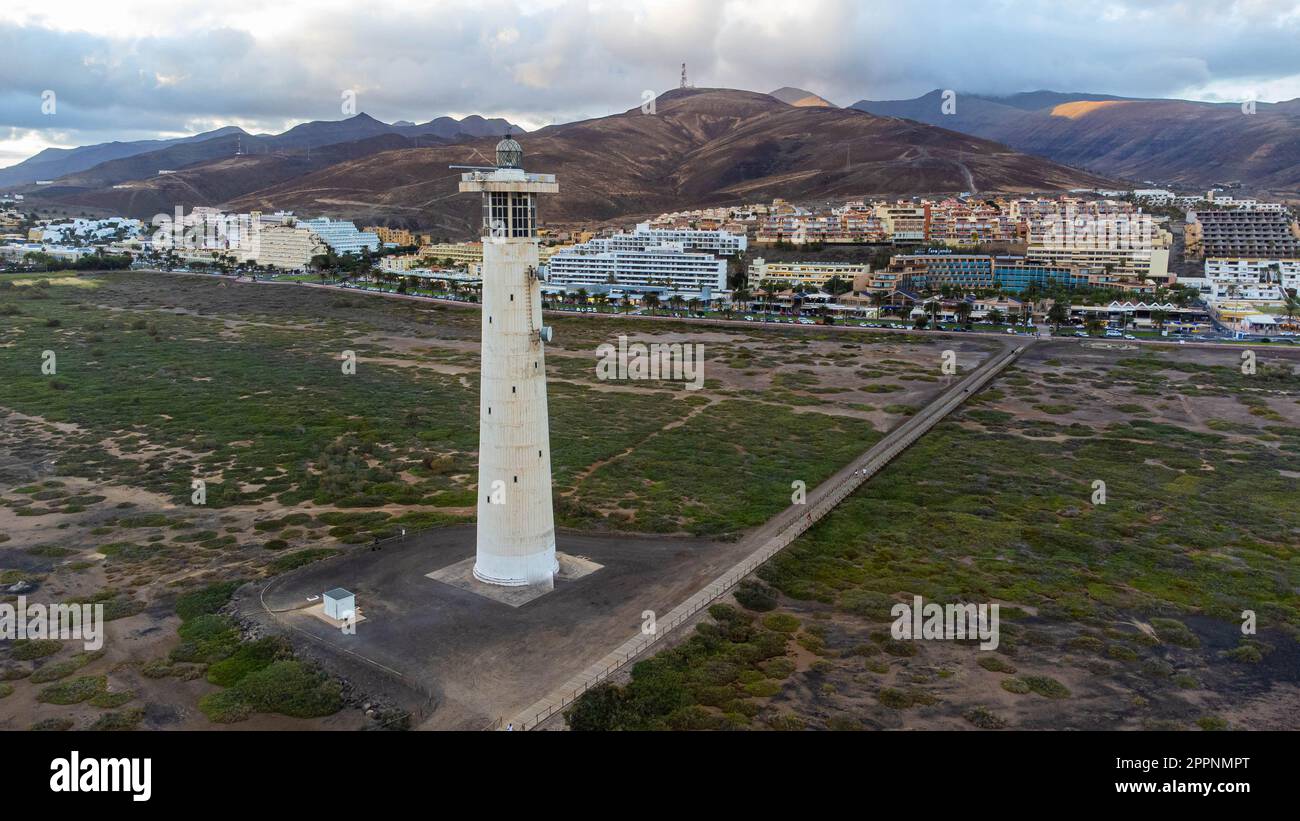 Aerial view of the Morro Jable lighthouse, built on marshland between ...