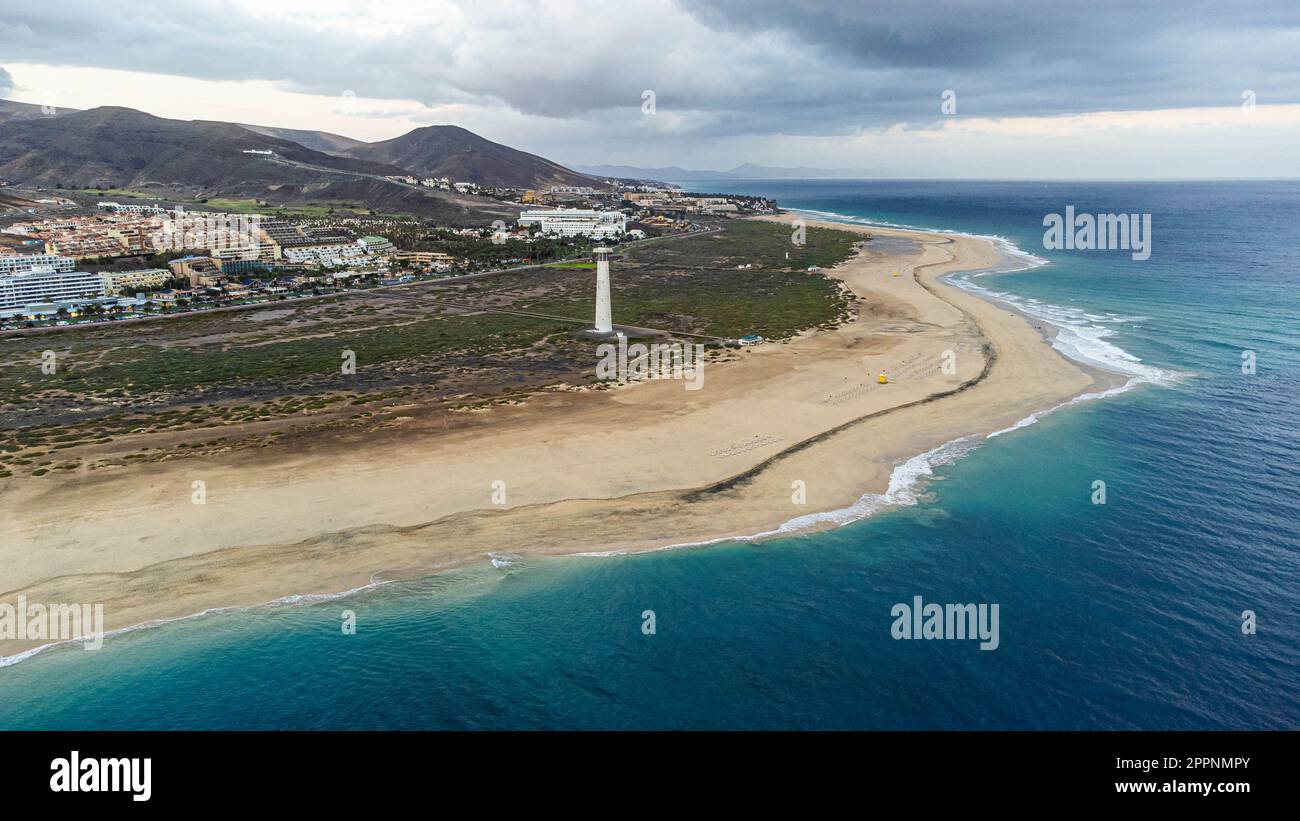 Aerial view of the Morro Jable lighthouse, built on marshland between ...