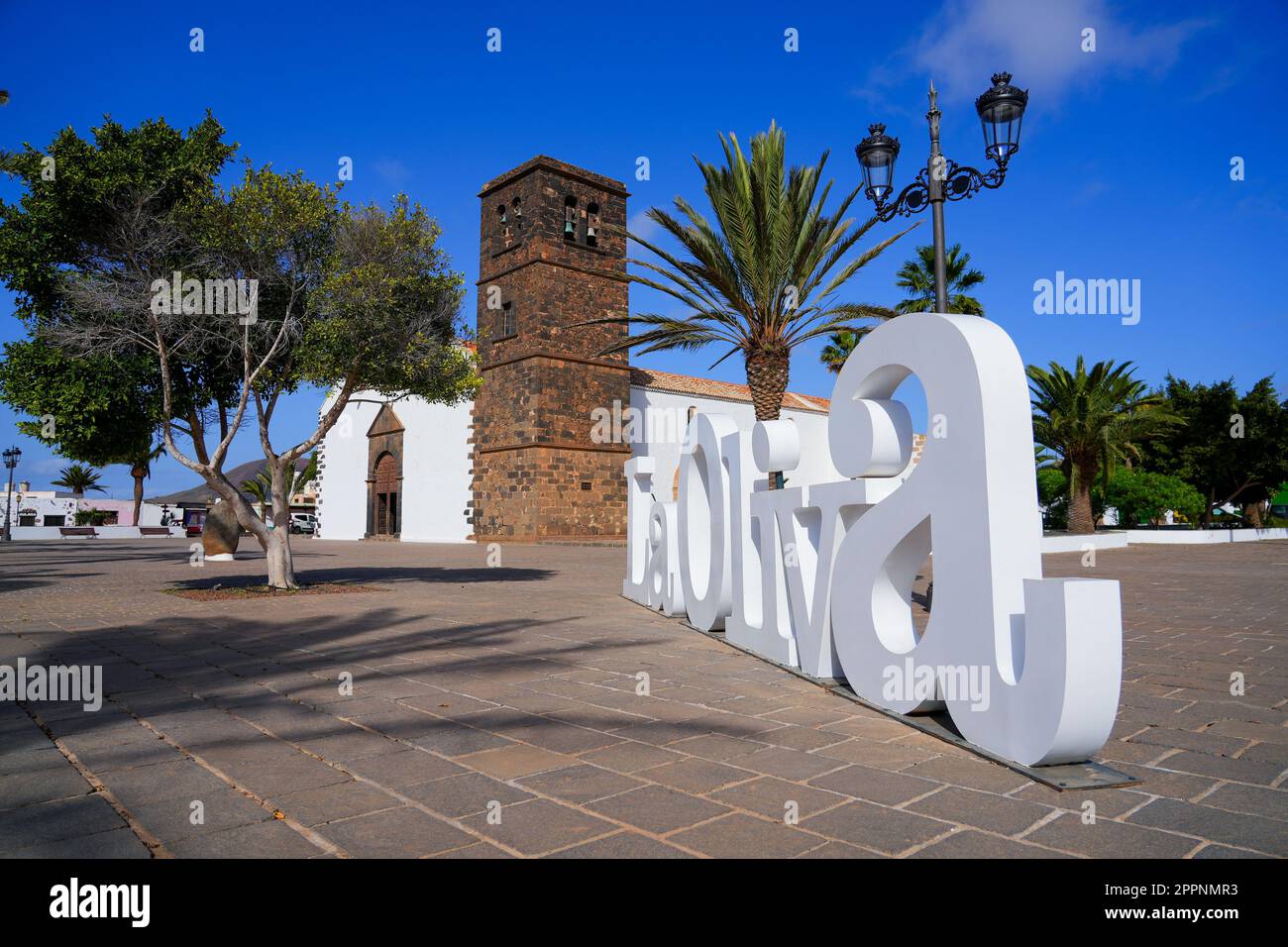 Giant 3D letters forming the name of the town of La Oliva in front of ...