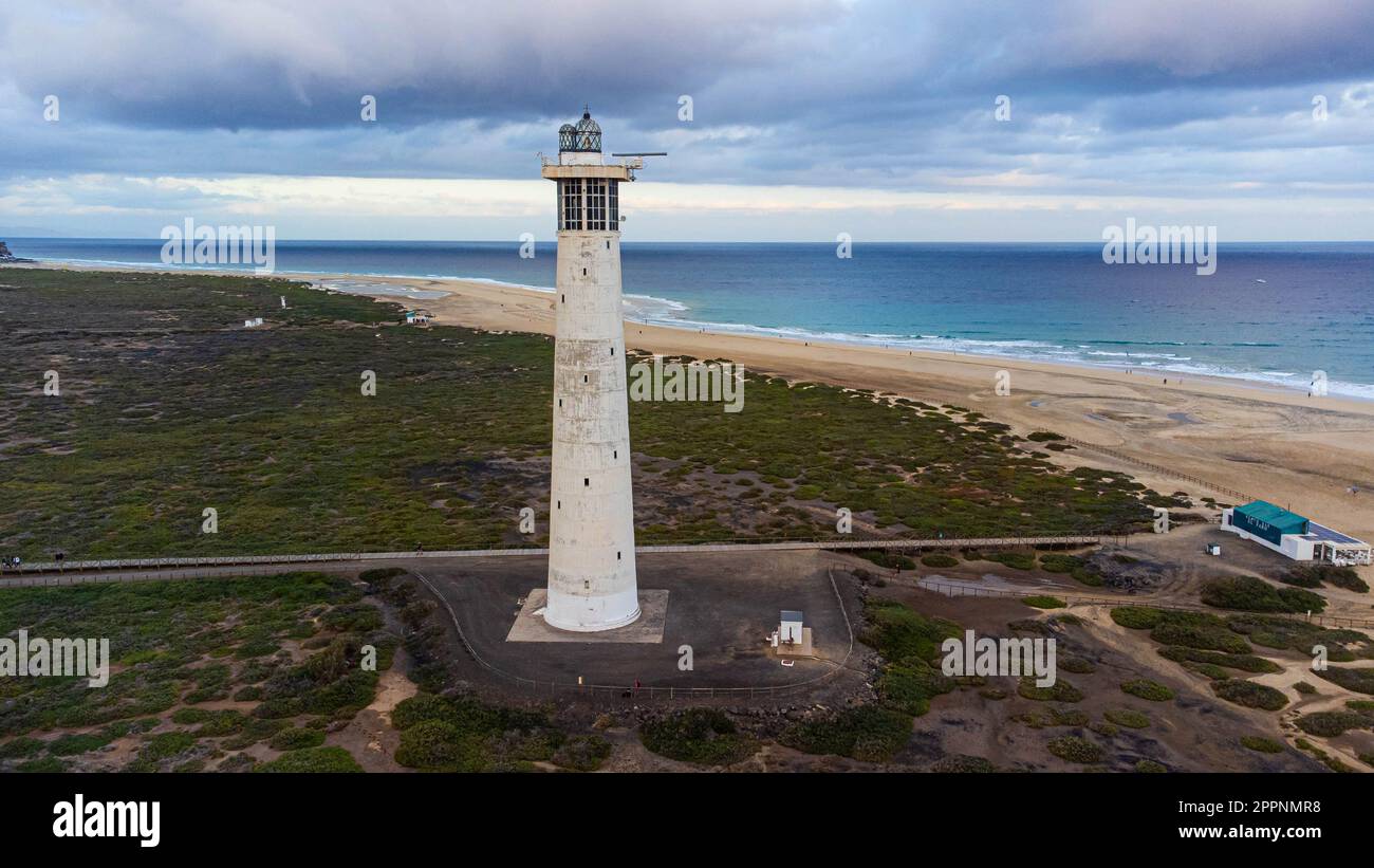 Aerial view of the Morro Jable lighthouse, built on marshland between ...