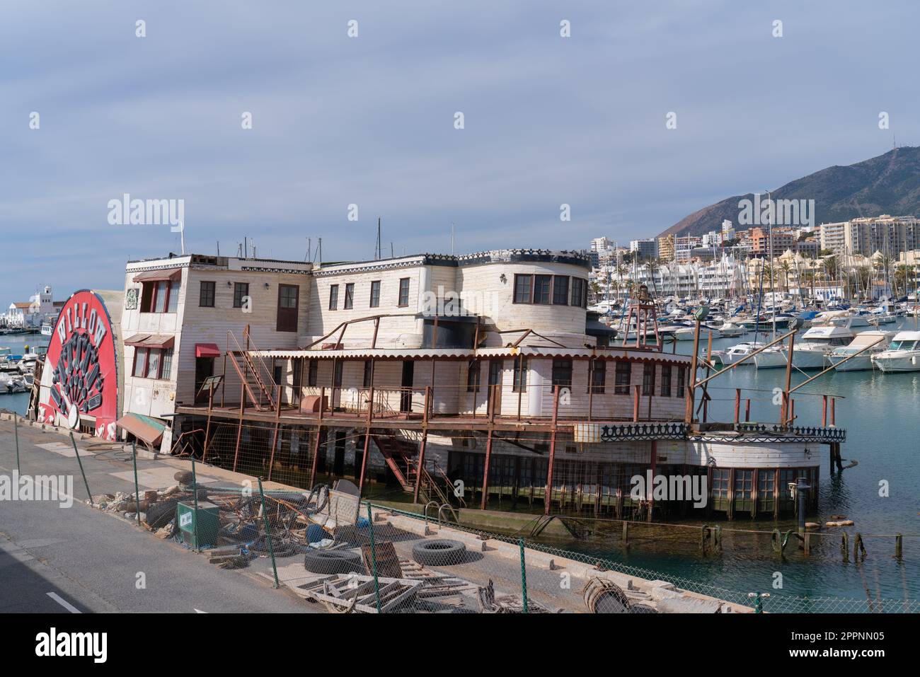 Paddle steamer Willow half sunk marina Benalmadena Spain Costa Del Sol ...