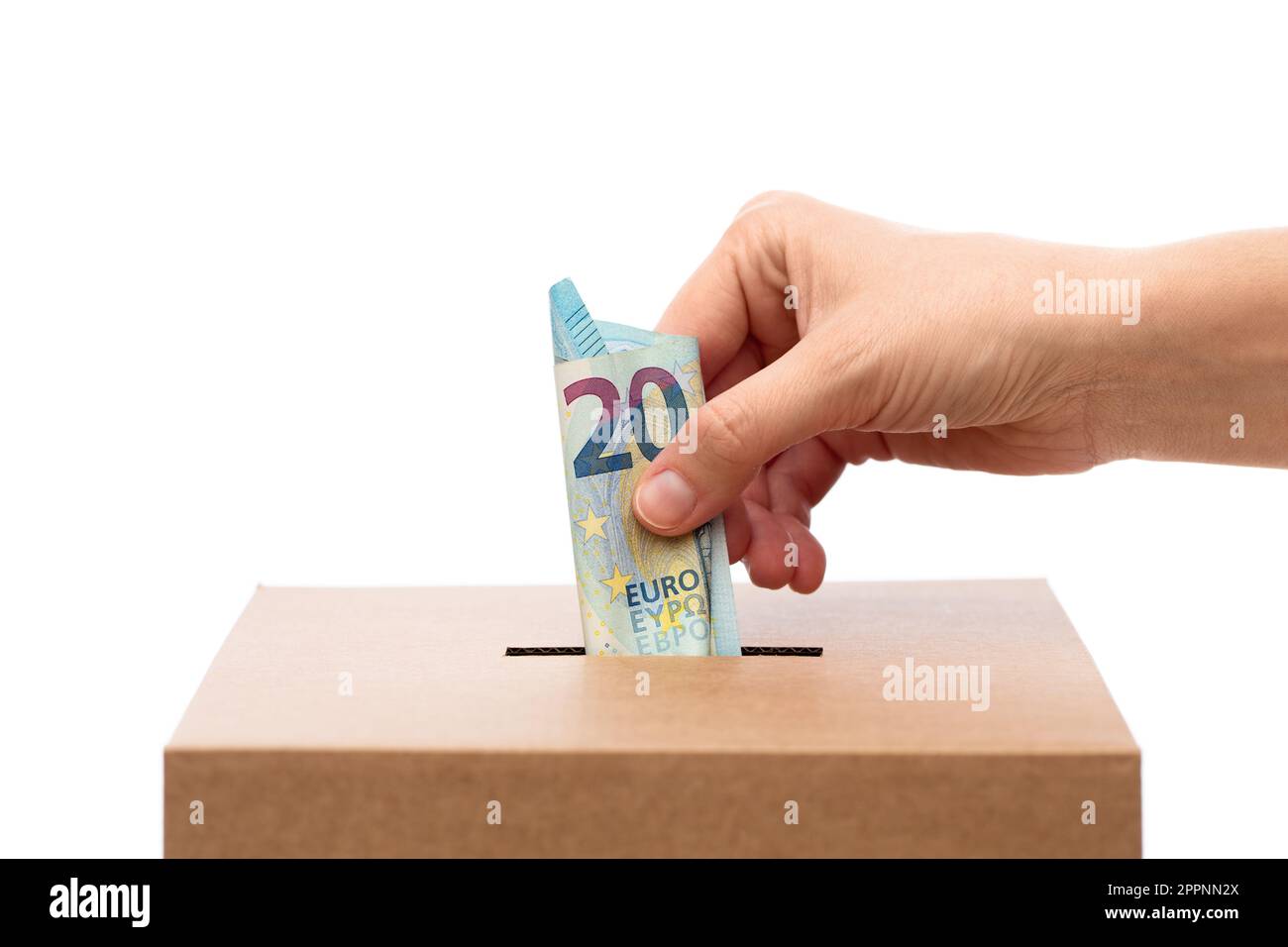 hand putting euro cash money into donation box Stock Photo - Alamy