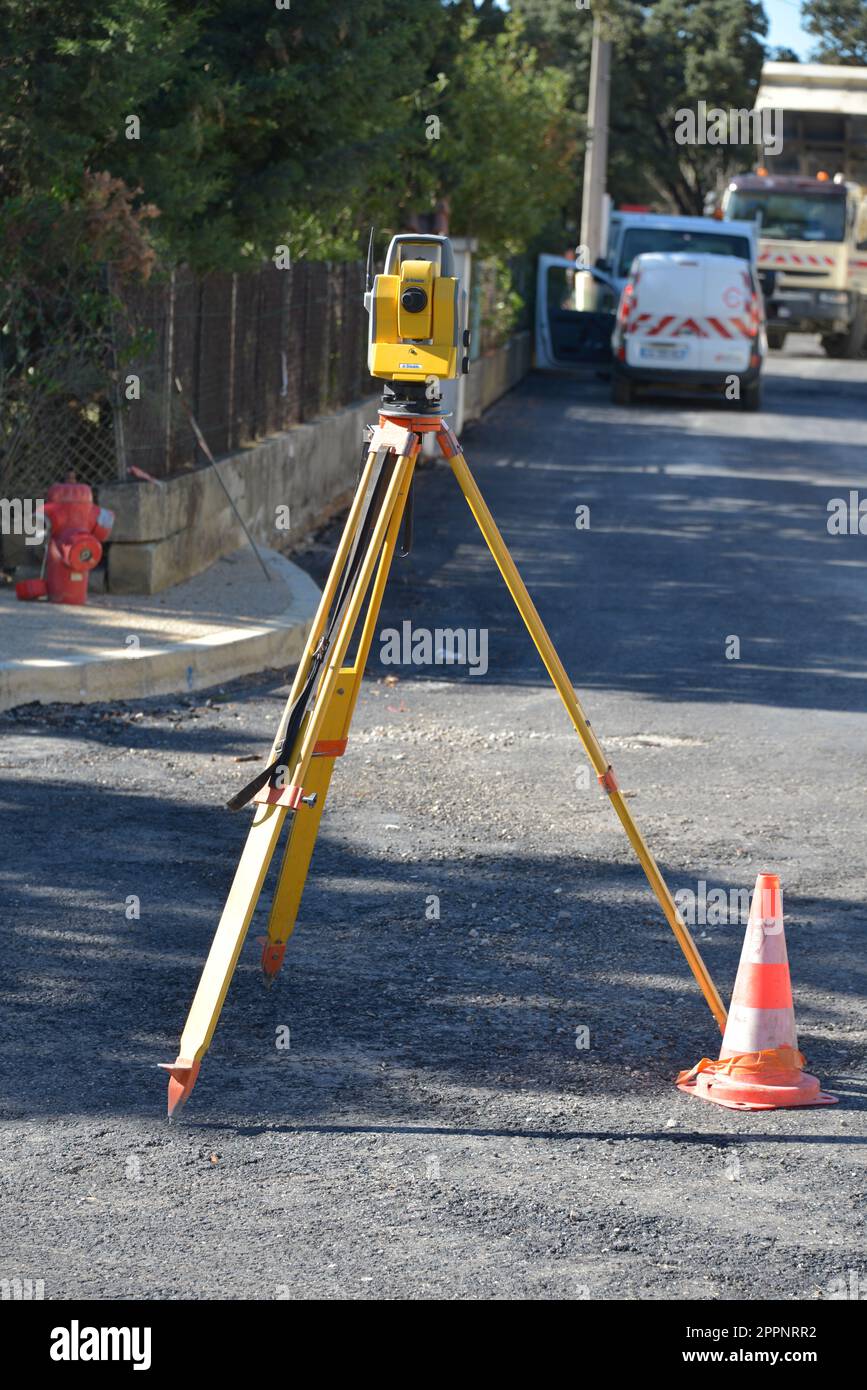 Roadworks to the village of Les Angles in the Gard with a theodolite ...