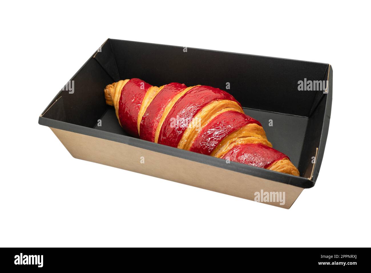 Fresh baked croissant in paper box isolated on white background ...