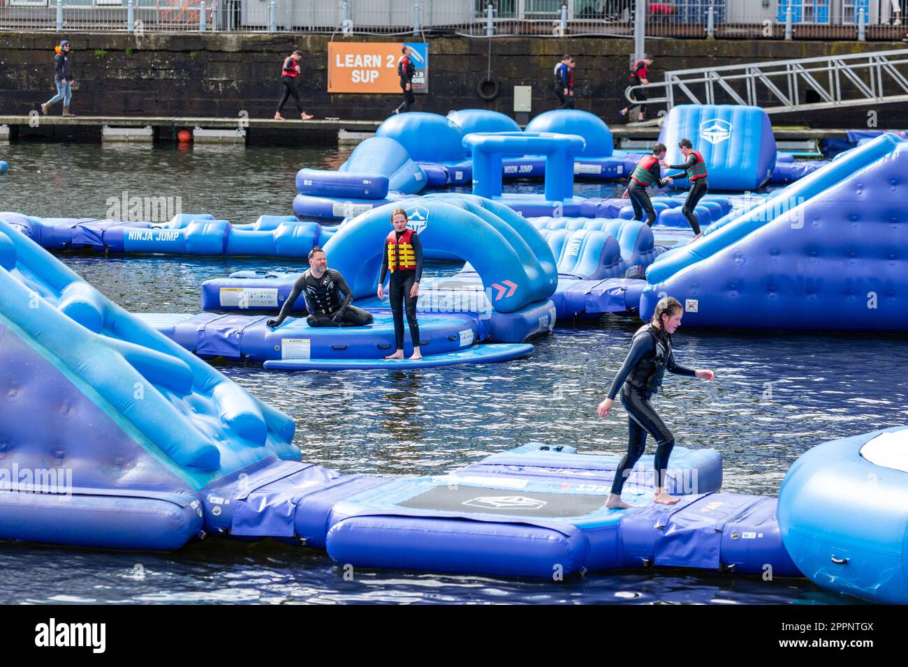 inflatable obstacle course in Victoria Docks Dundee, Scotland Stock ...