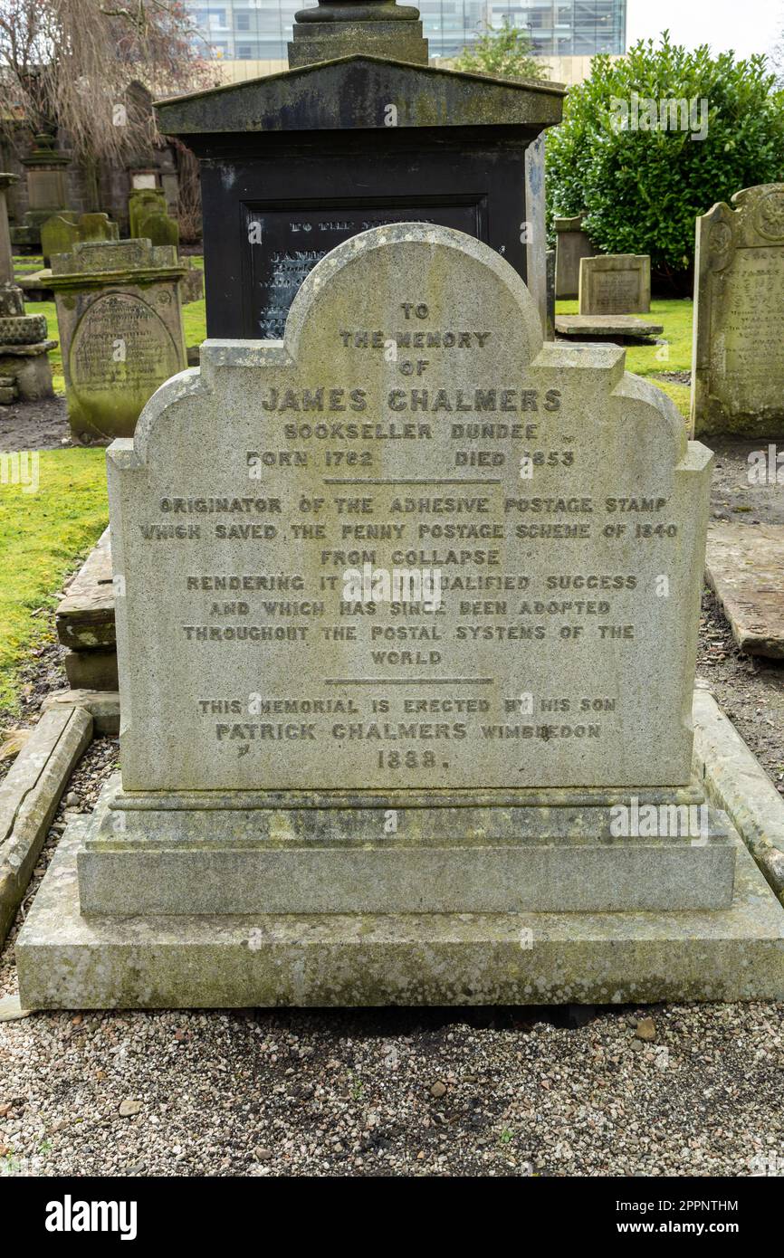 The Grave of James Chalmers was the inventor of adhesive postage stamps, Howff Cemetery in the ...