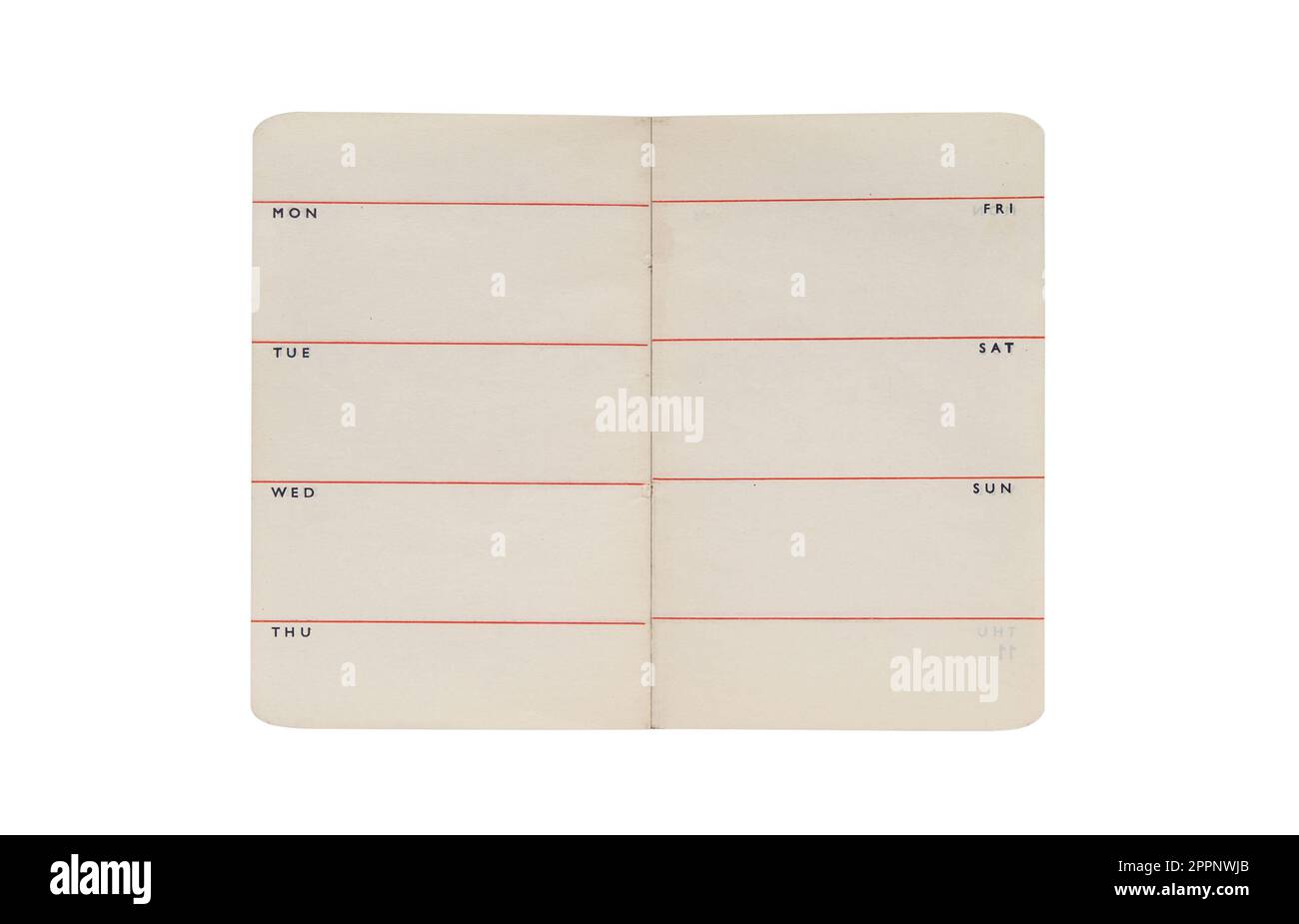 Old week to page pocket diary with empty pages shot from above isolated ...
