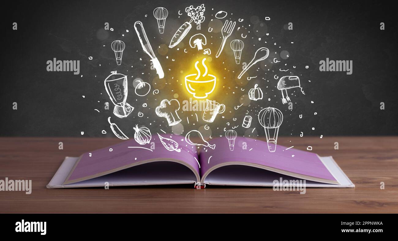 Open recipe book with food related icons above Stock Photo - Alamy