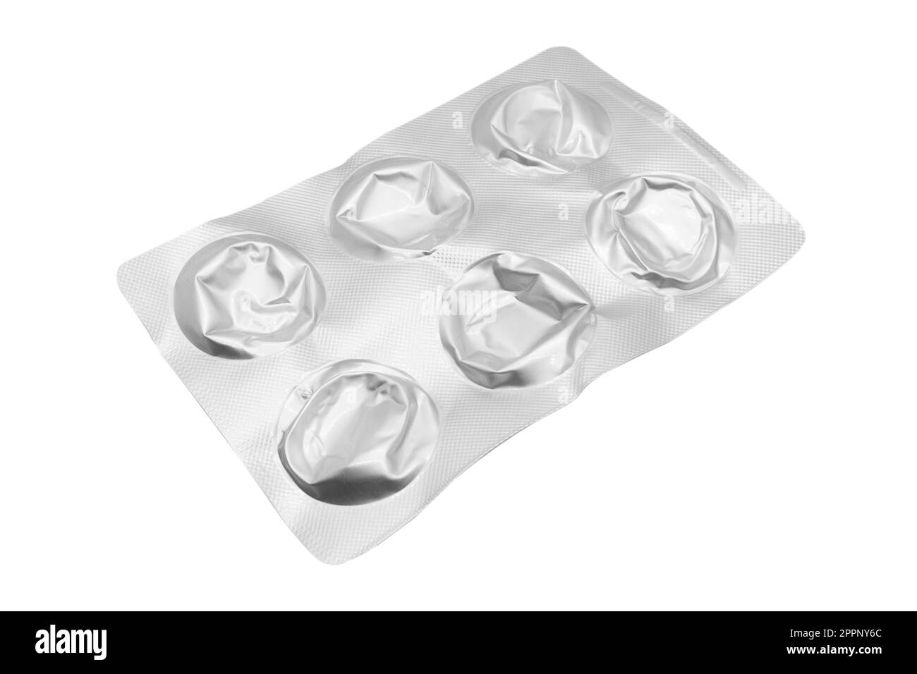 Empty pills of blister pack isolated on white background. Empty silver ...