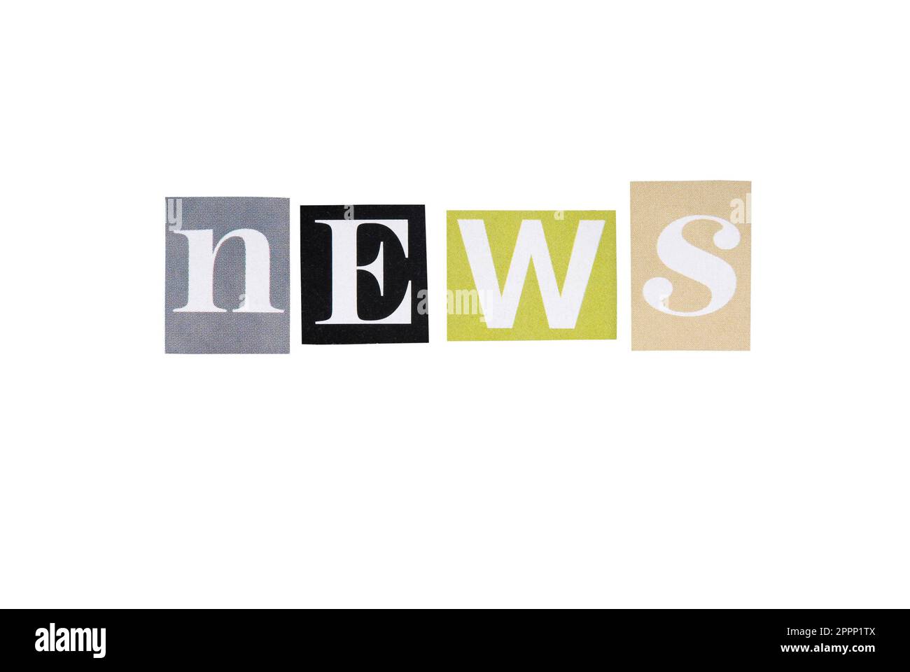 The word news made from cutout letters from printed magazines with path ...