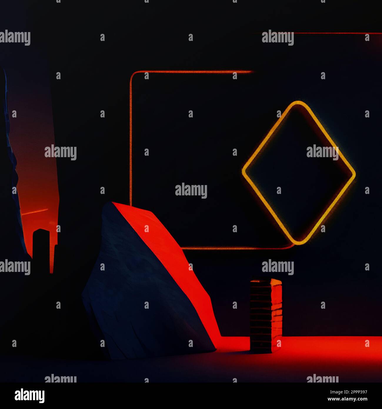 Neon geometric sign hanging from the wall. Anamorphic flashes, big ...