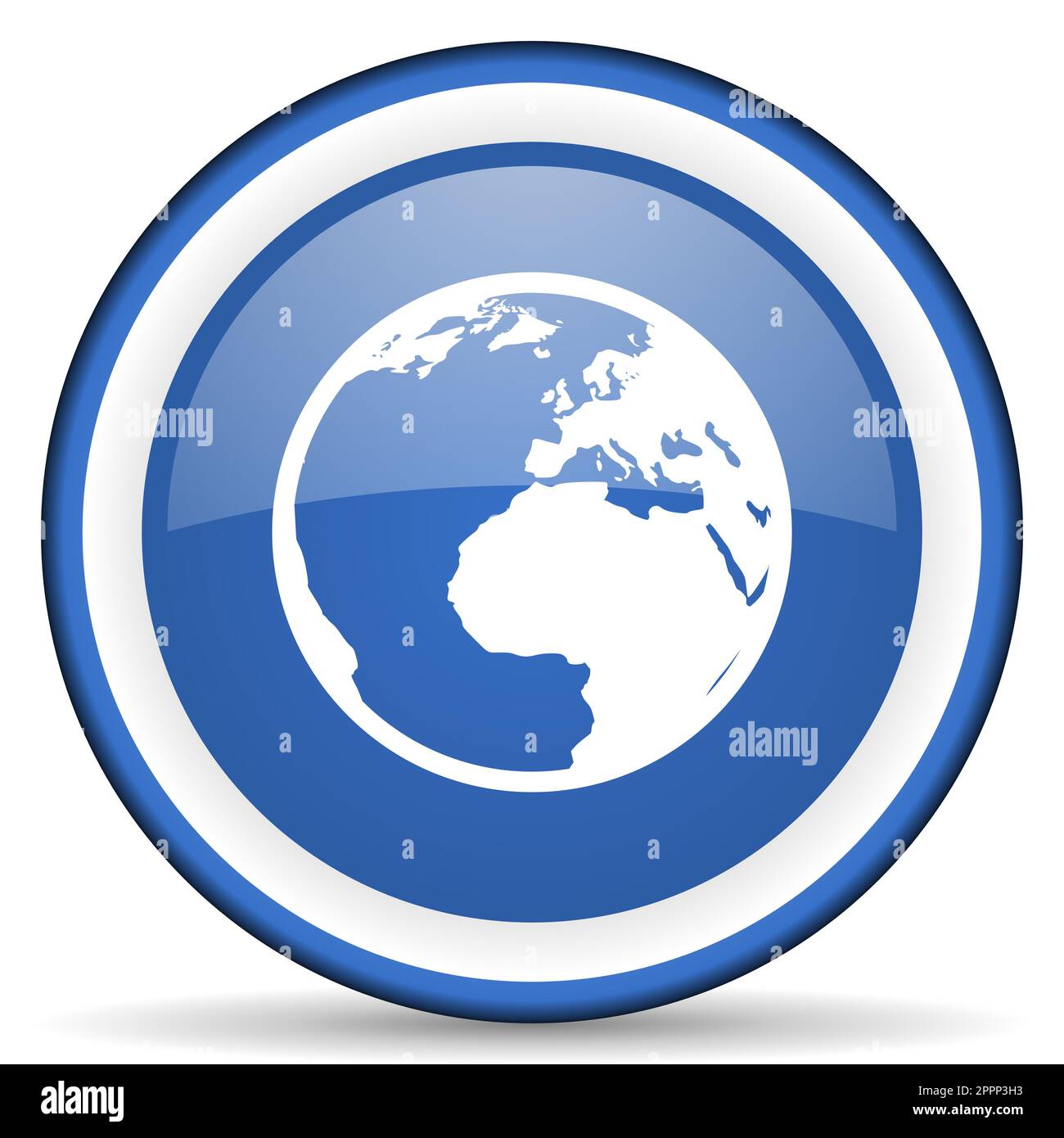 Earth glossy web icon, blue circle button isolated on white background ...