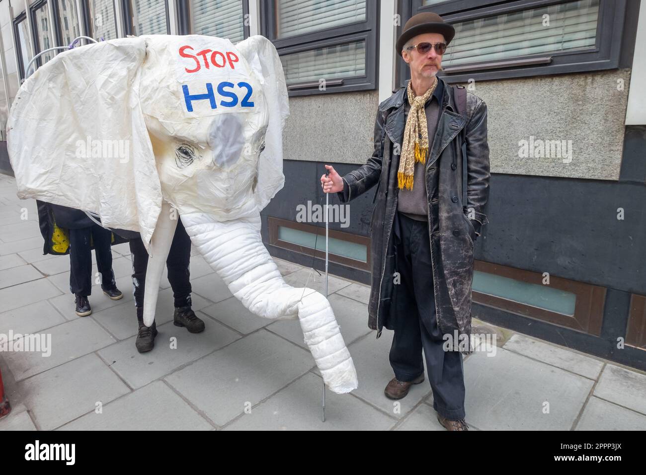 London, UK. 24 Apr 2024. The Stop HS2 White Elephant waits at ...