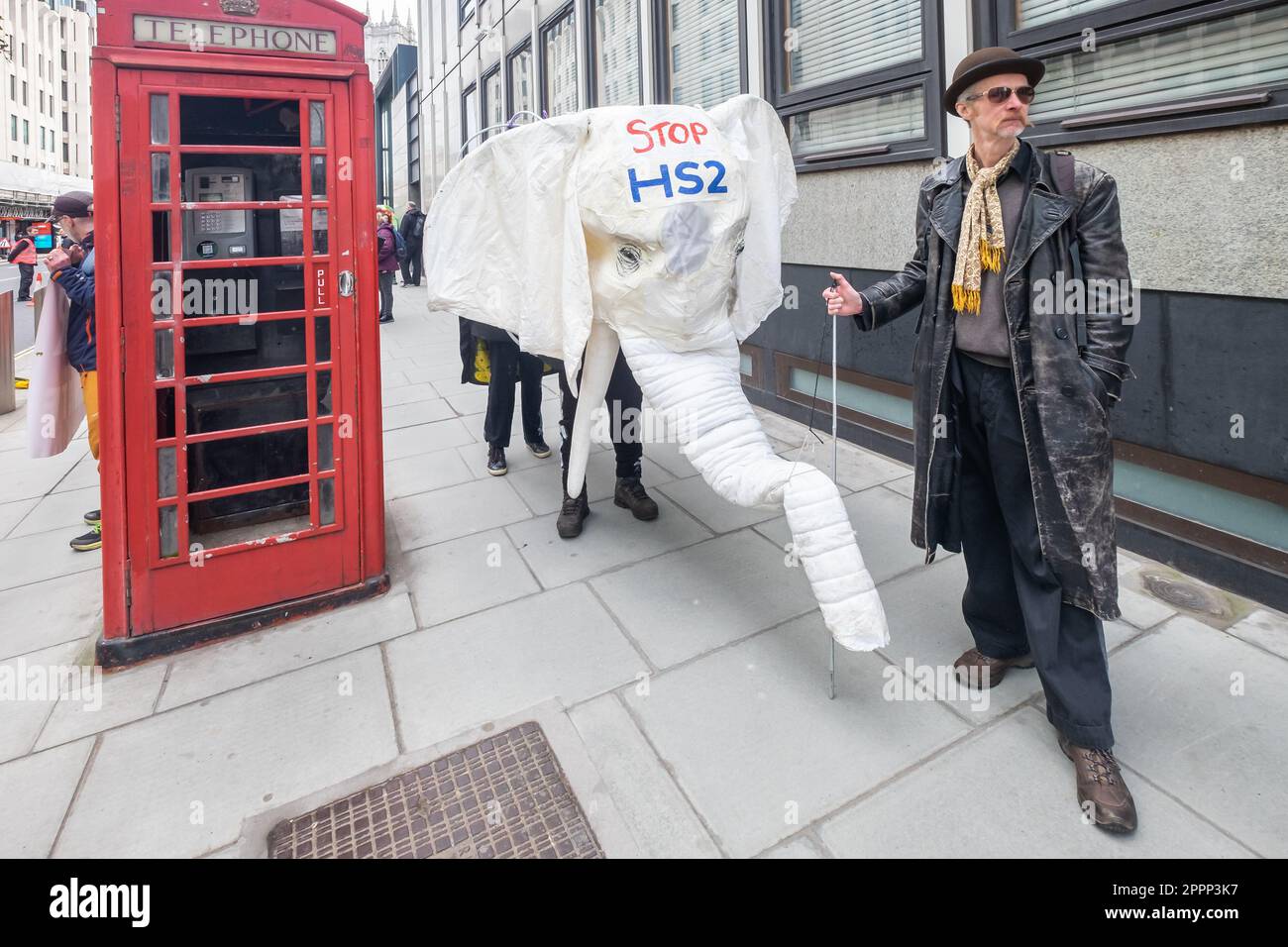 London, UK. 24 Apr 2024. The Stop HS2 White Elephant waits at ...