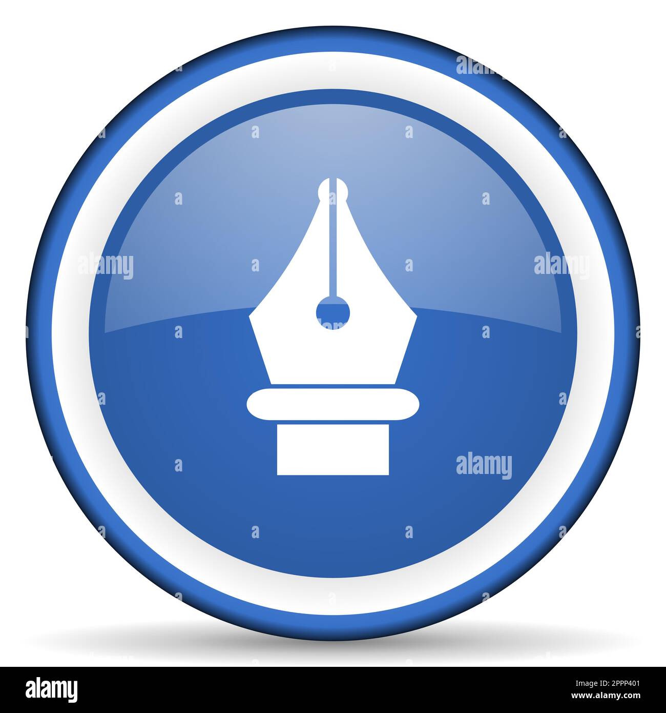 Pen glossy web icon, blue circle button isolated on white background ...