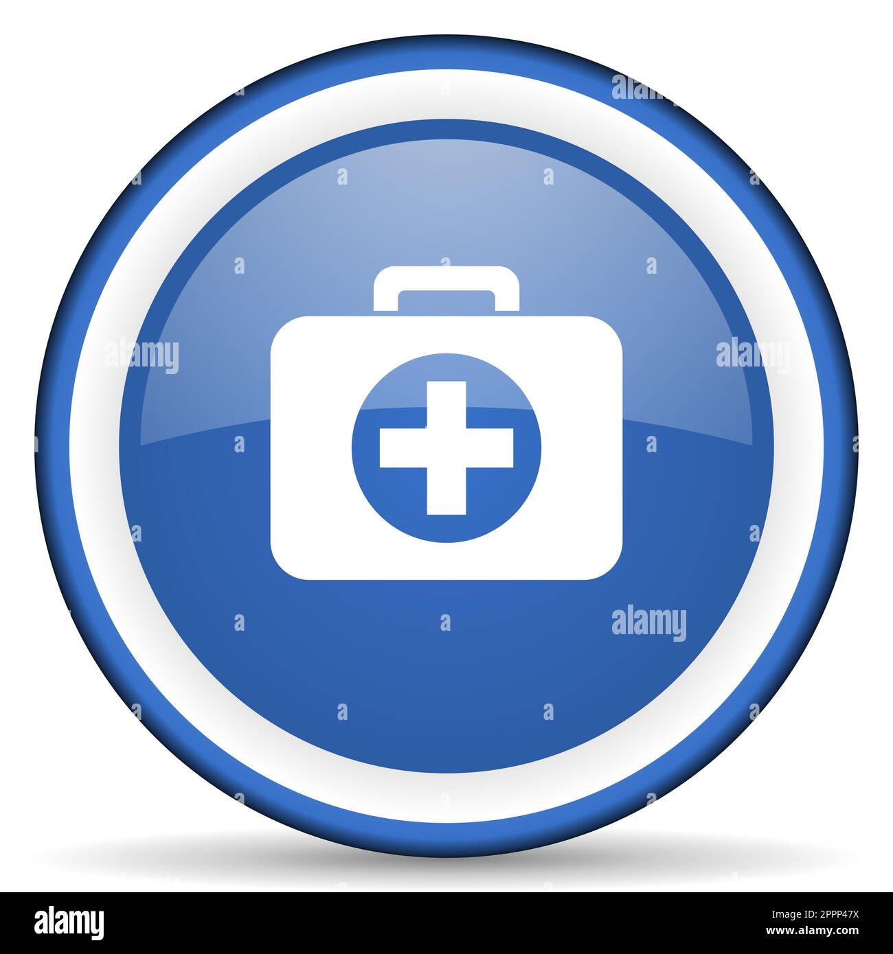 First aid glossy web icon, blue circle button isolated on white ...