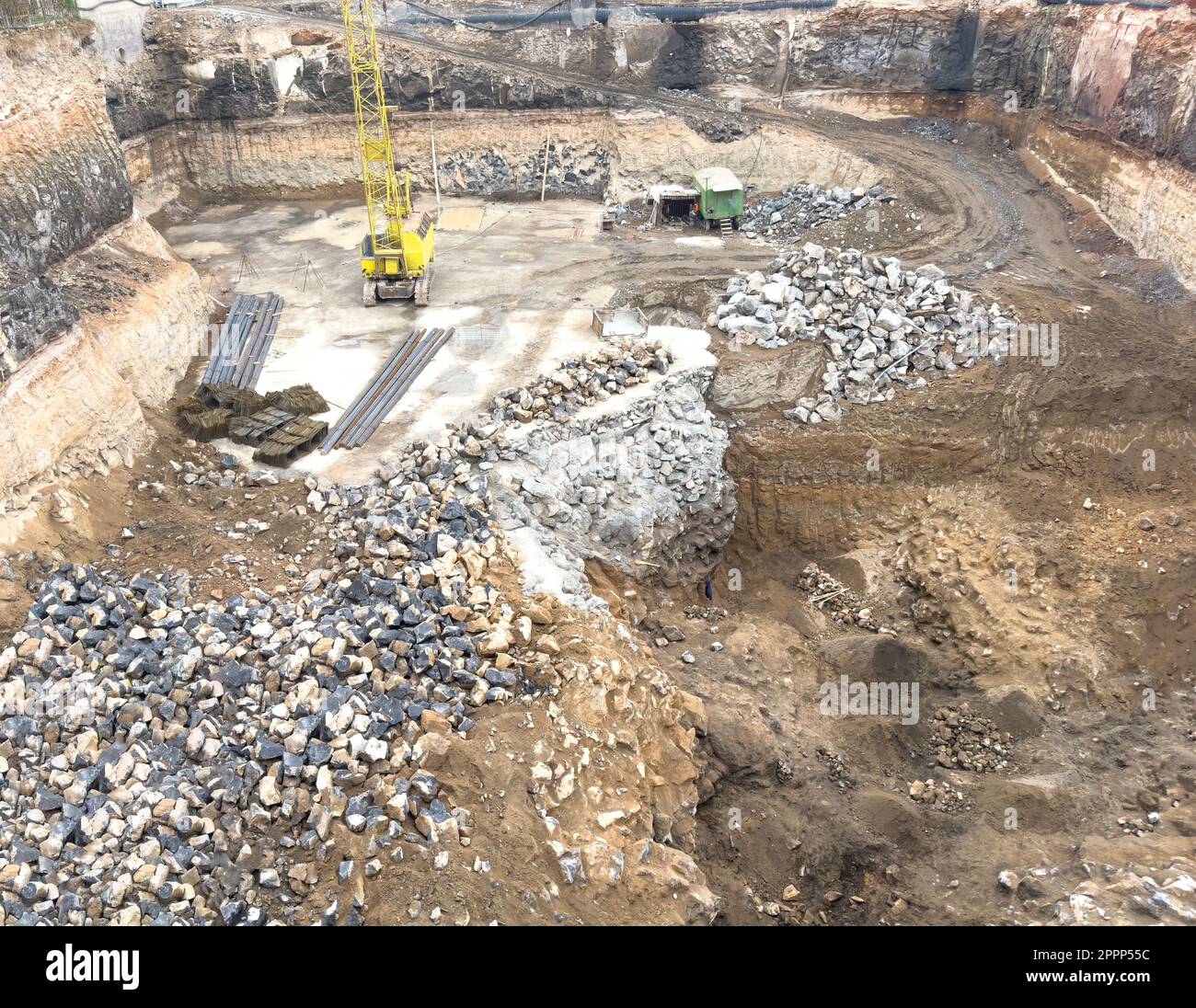 Aerial view construction site with a foundation pit of complex. pit ...