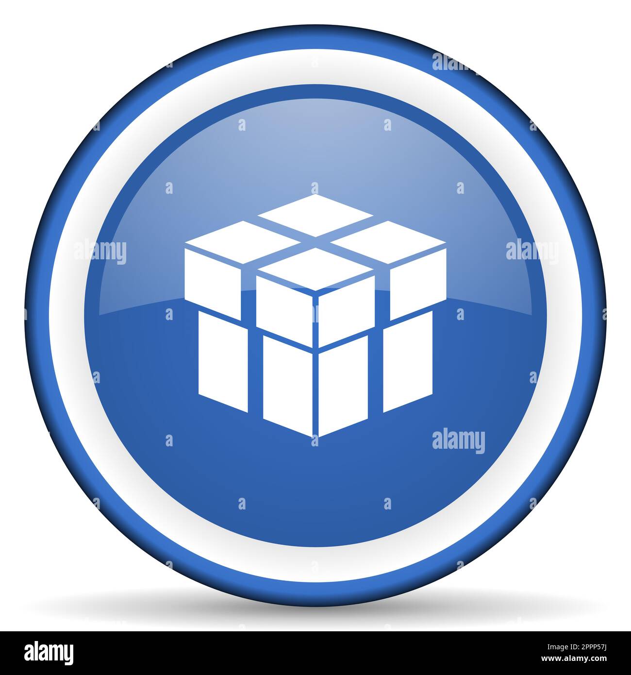 Box glossy web icon, blue circle button isolated on white background ...