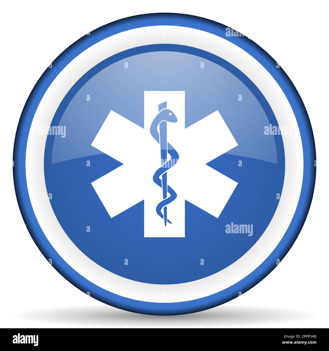 Emergency glossy web icon, blue circle button isolated on white ...