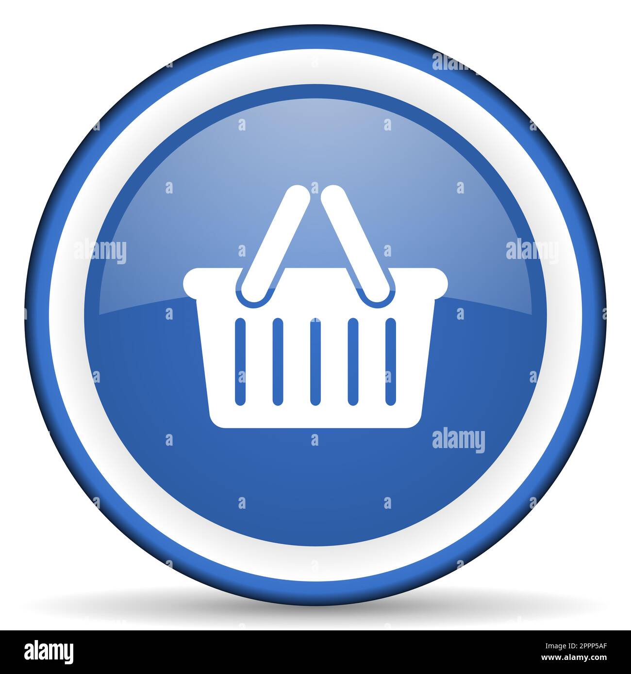 Shopping basket glossy web icon, blue circle button isolated on white ...
