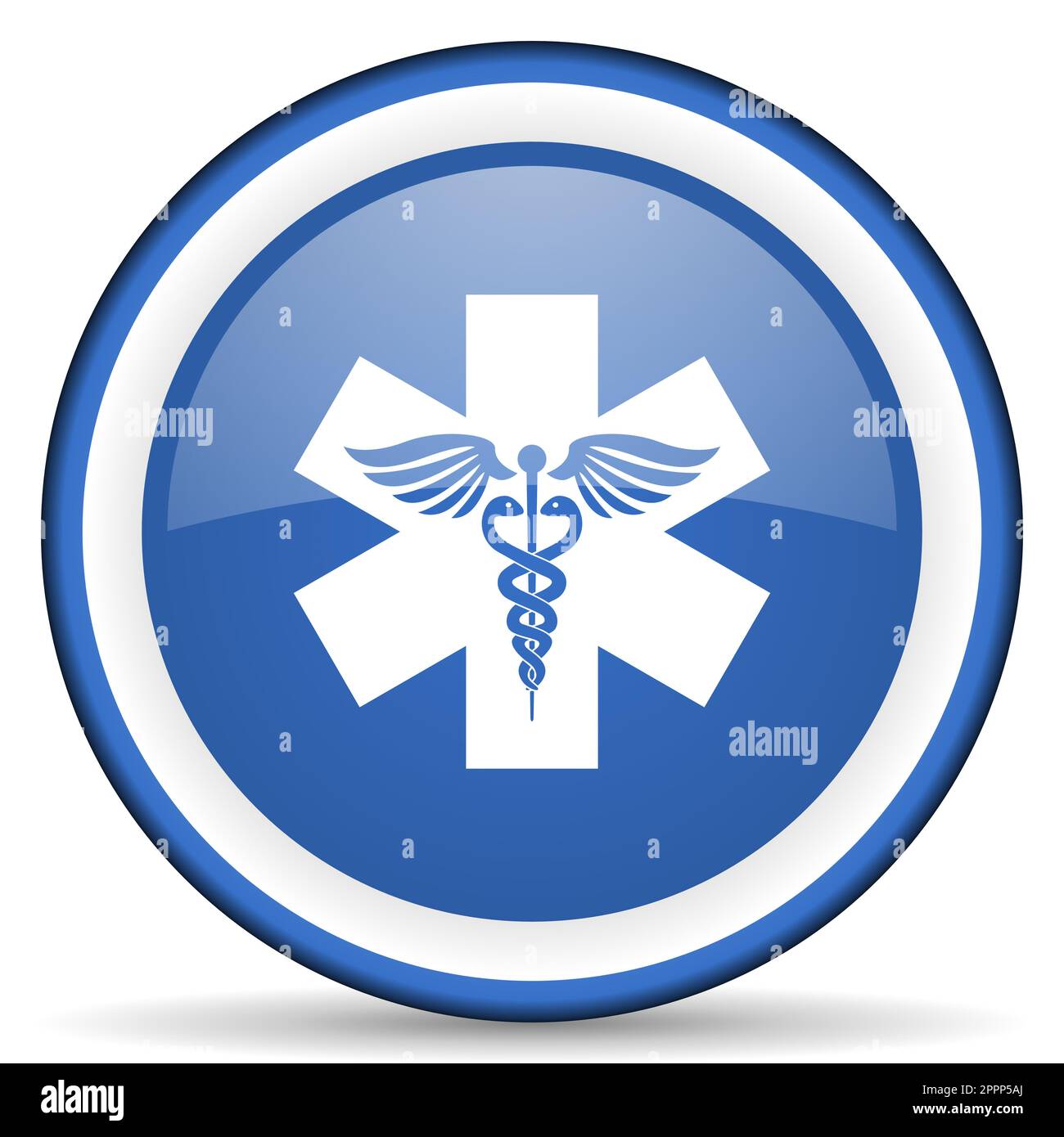 Emergency glossy web icon, blue circle button isolated on white ...