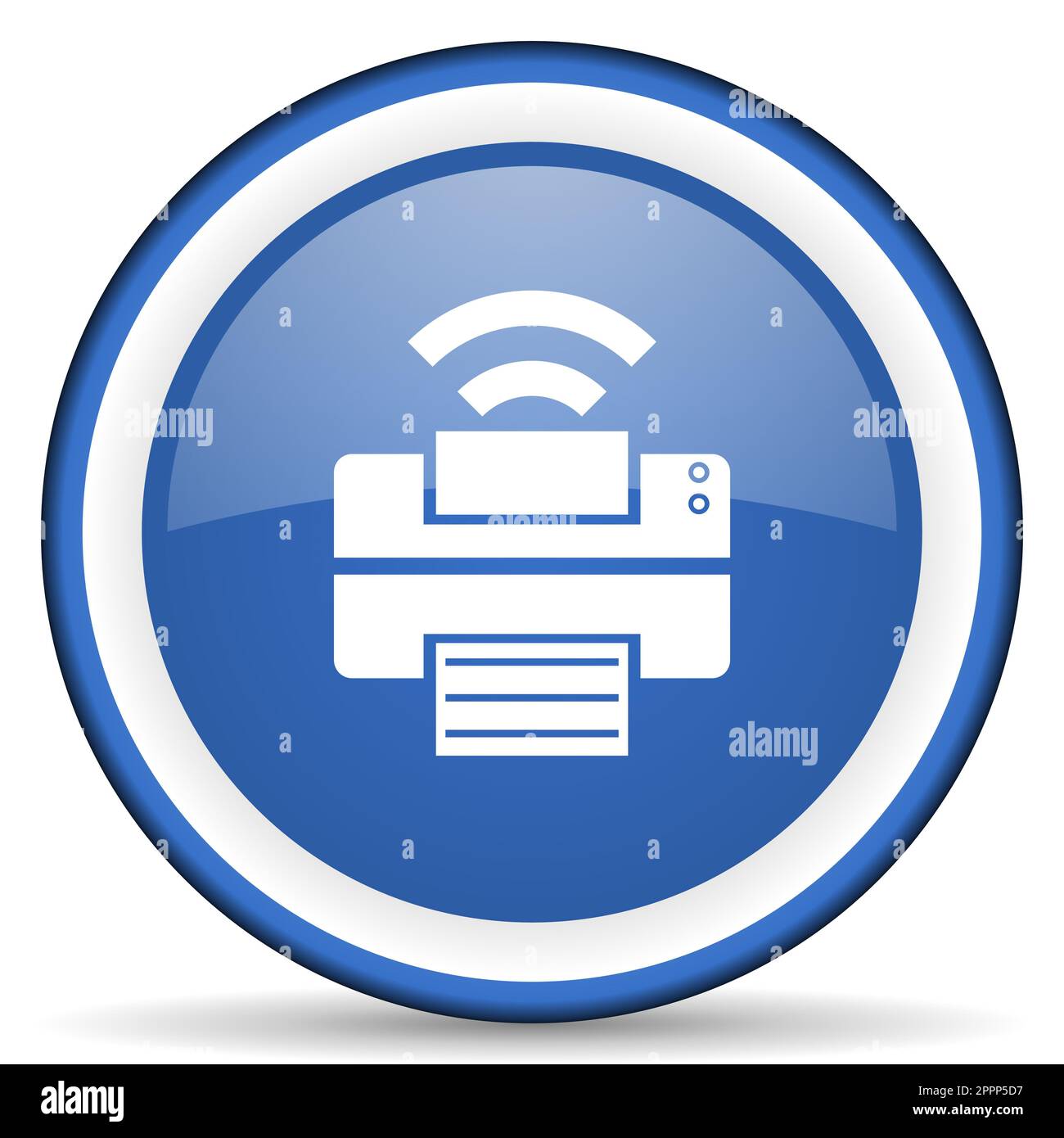 Printer glossy web icon, blue circle button isolated on white ...