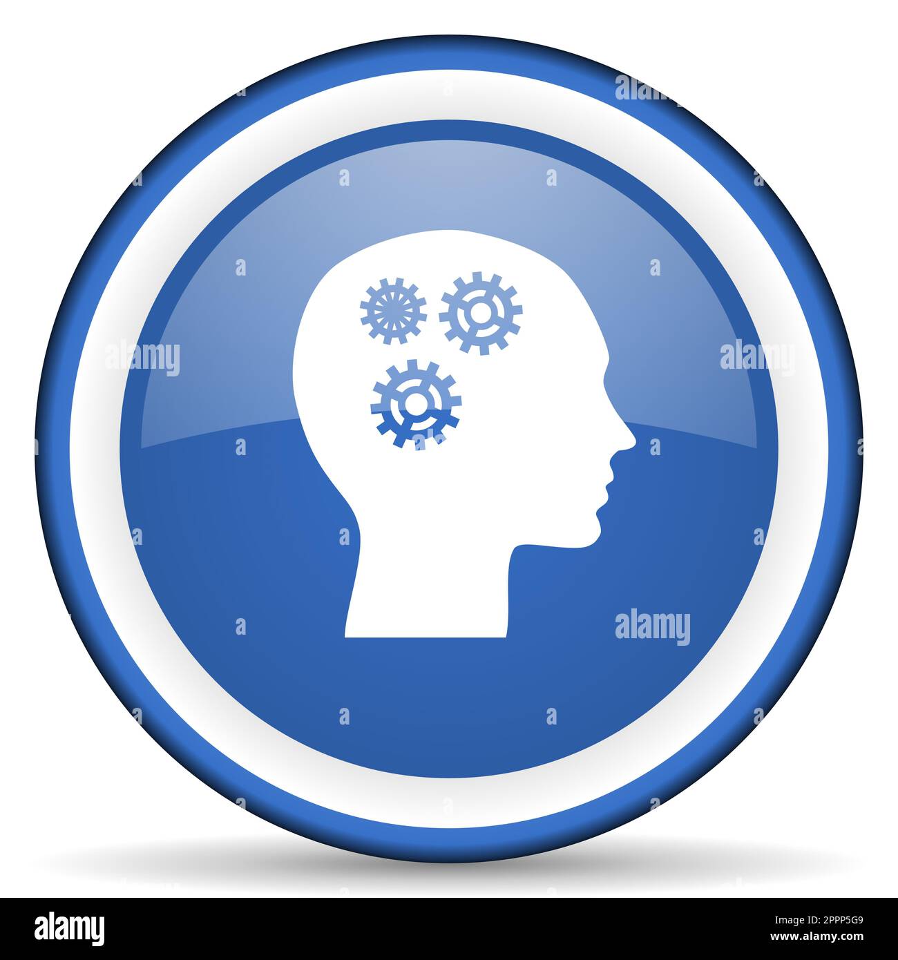 Head glossy web icon, blue circle button isolated on white background ...