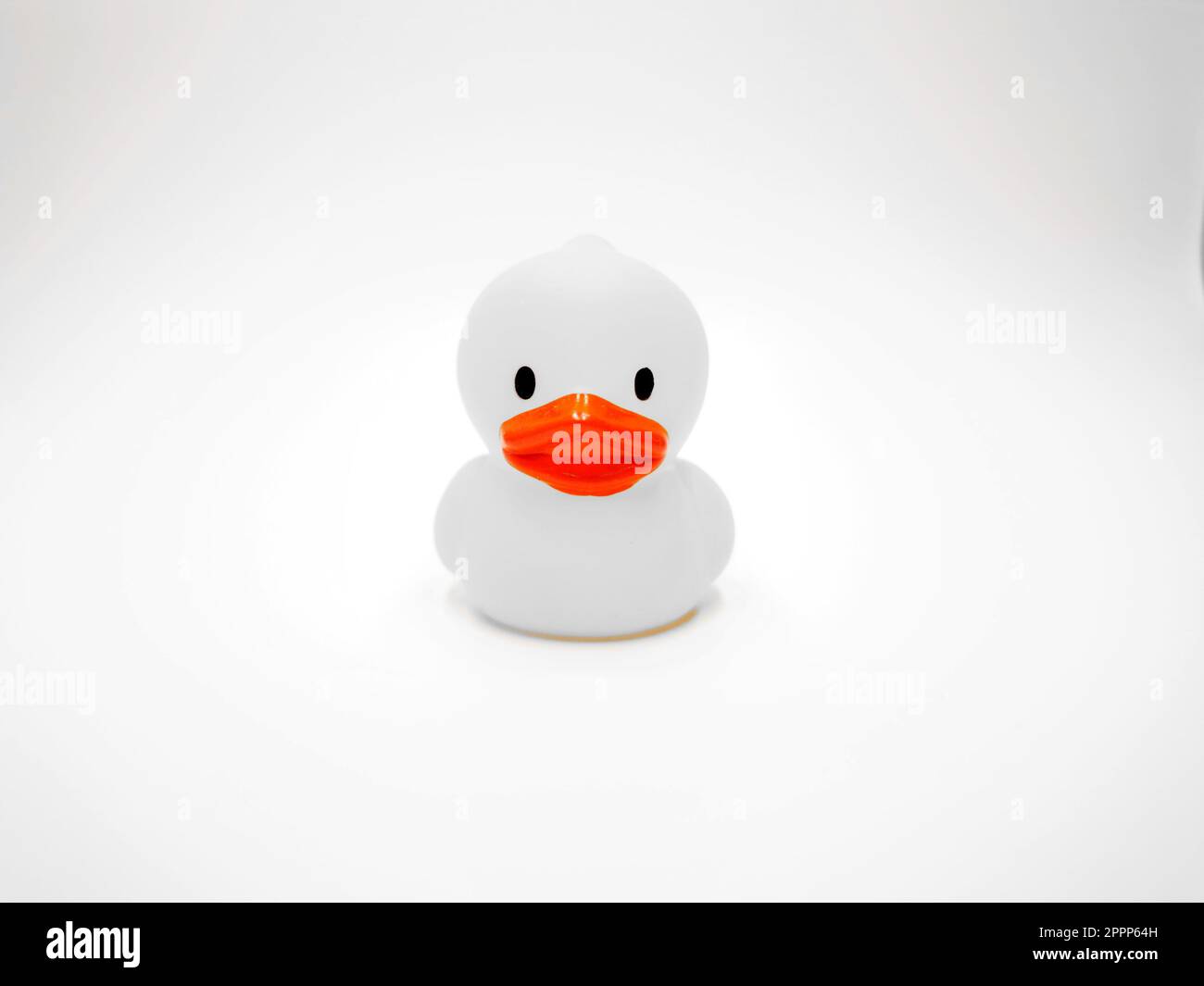 A rubber duck with an orange-colored beak on a white background Stock ...