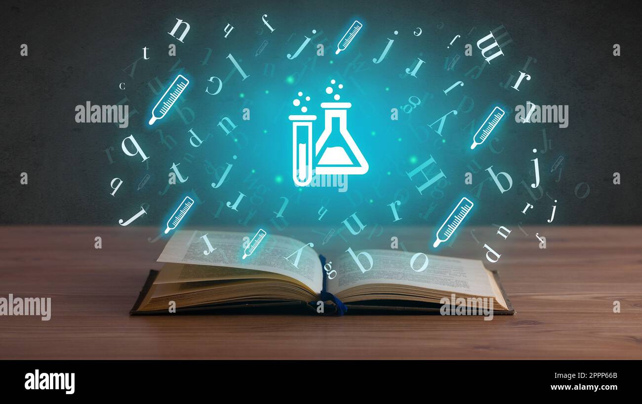 Open medical book with health icons above Stock Photo - Alamy