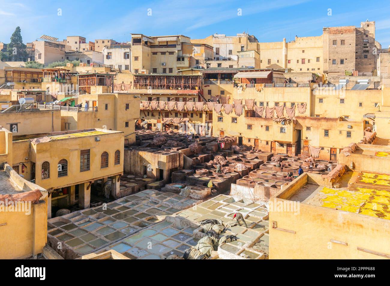 Leather dying in a traditional tannery in the city Fes, Morocco. View ...