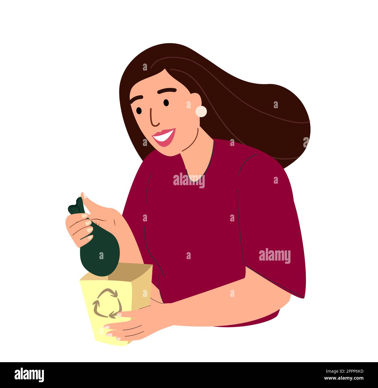 Woman throwing trash bag into yellow-colored container for Plastic bags ...