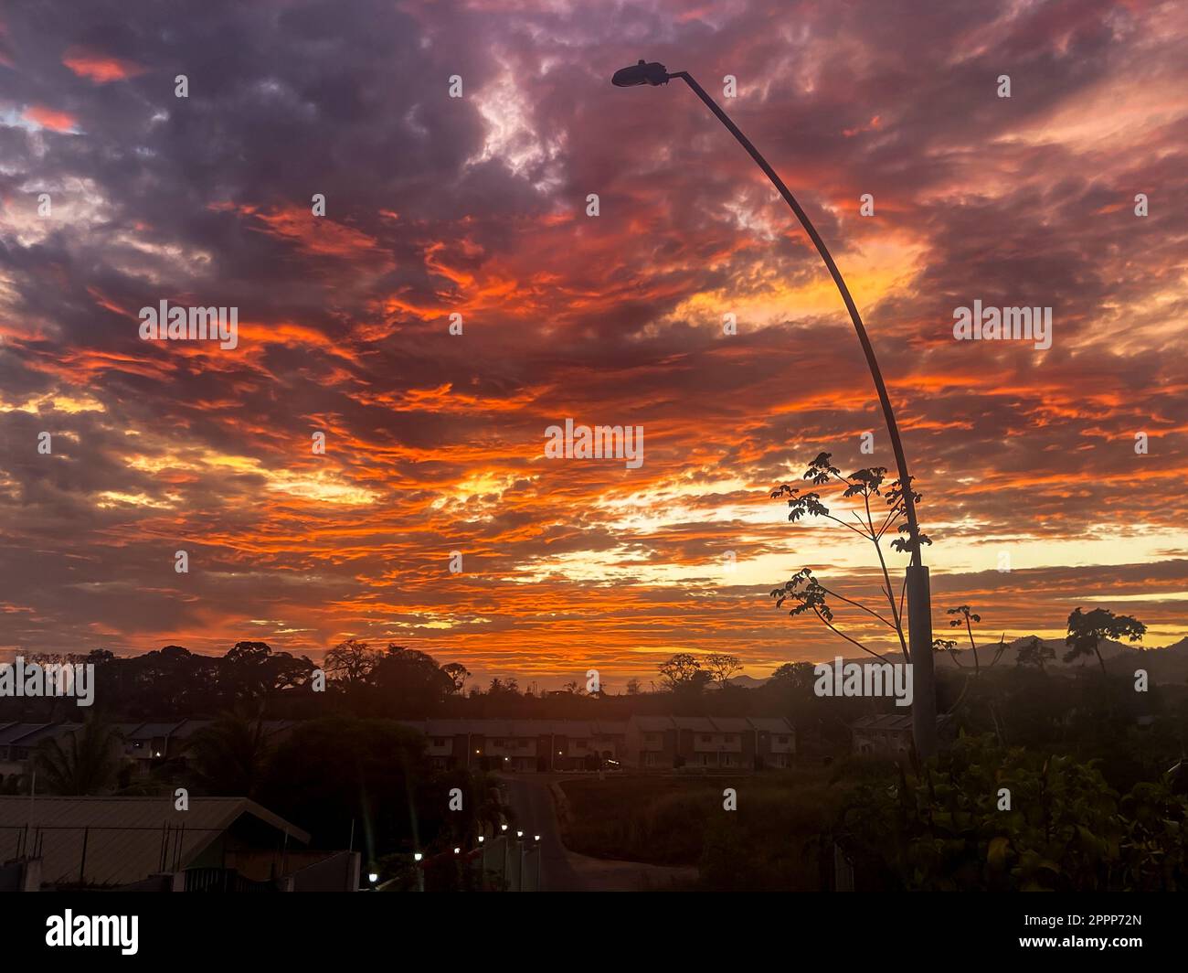 Dramatic pink clouds as the sun sets in a tropical residential ...