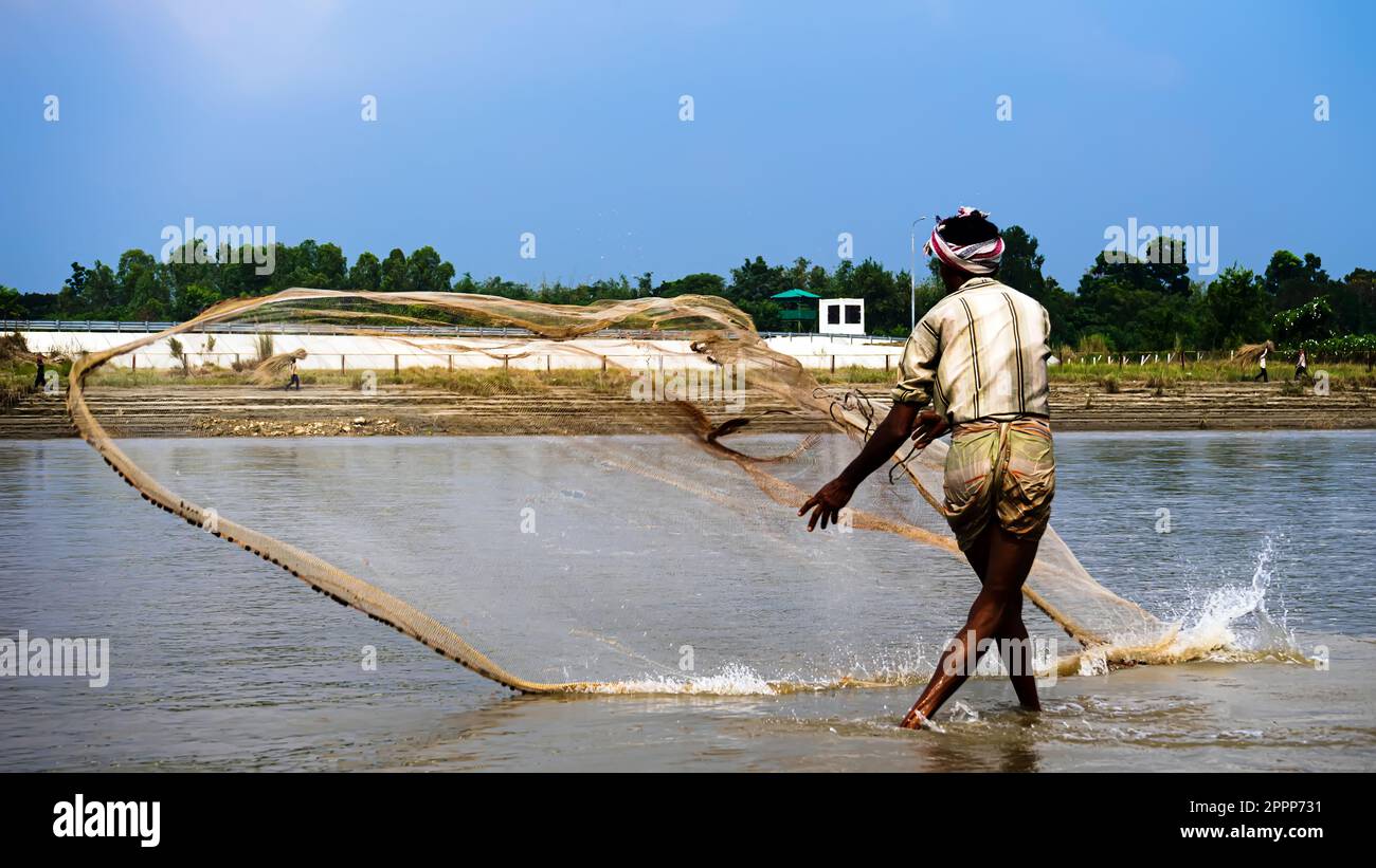 Ishwardi, Bangladesh - 10.10.2022: bengal fisherman casts net into river. catching fish with net ...