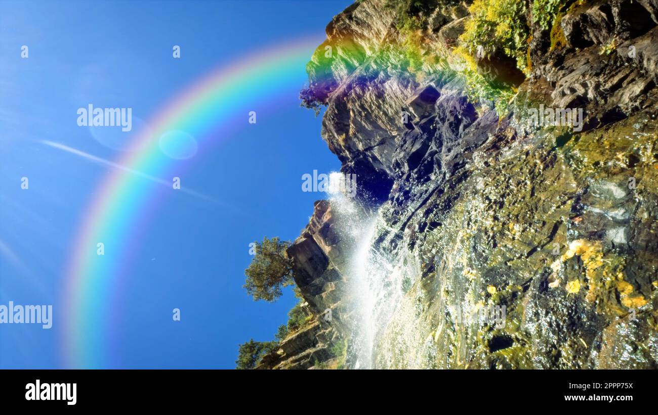 mountain ridge forest water cascade with rainbow at summer, voyager ...