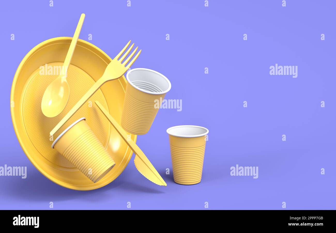 Set of disposable utensils like plate, folk, spoon,knife and cup on ...