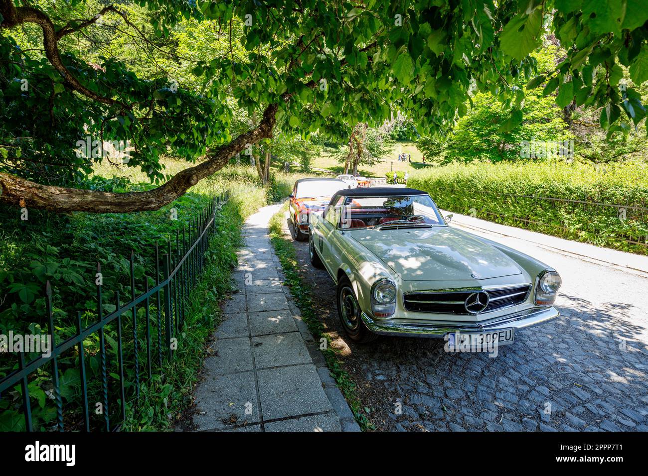 The transylvania retro car rallye at Peles Castle in Romania Stock ...