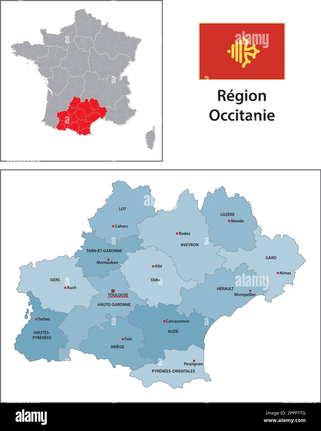 Administrative vector map with flag of French region of Occitania Stock ...
