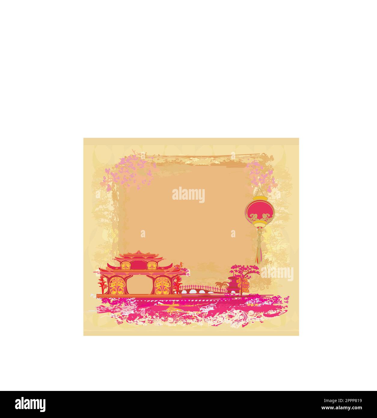 old paper with Asian Landscape and Chinese Lanterns - vintage japanese ...