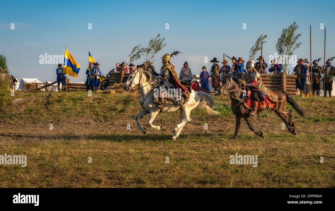Gniew, Poland, Aug 2020 Horsman warriors, charging through a ...