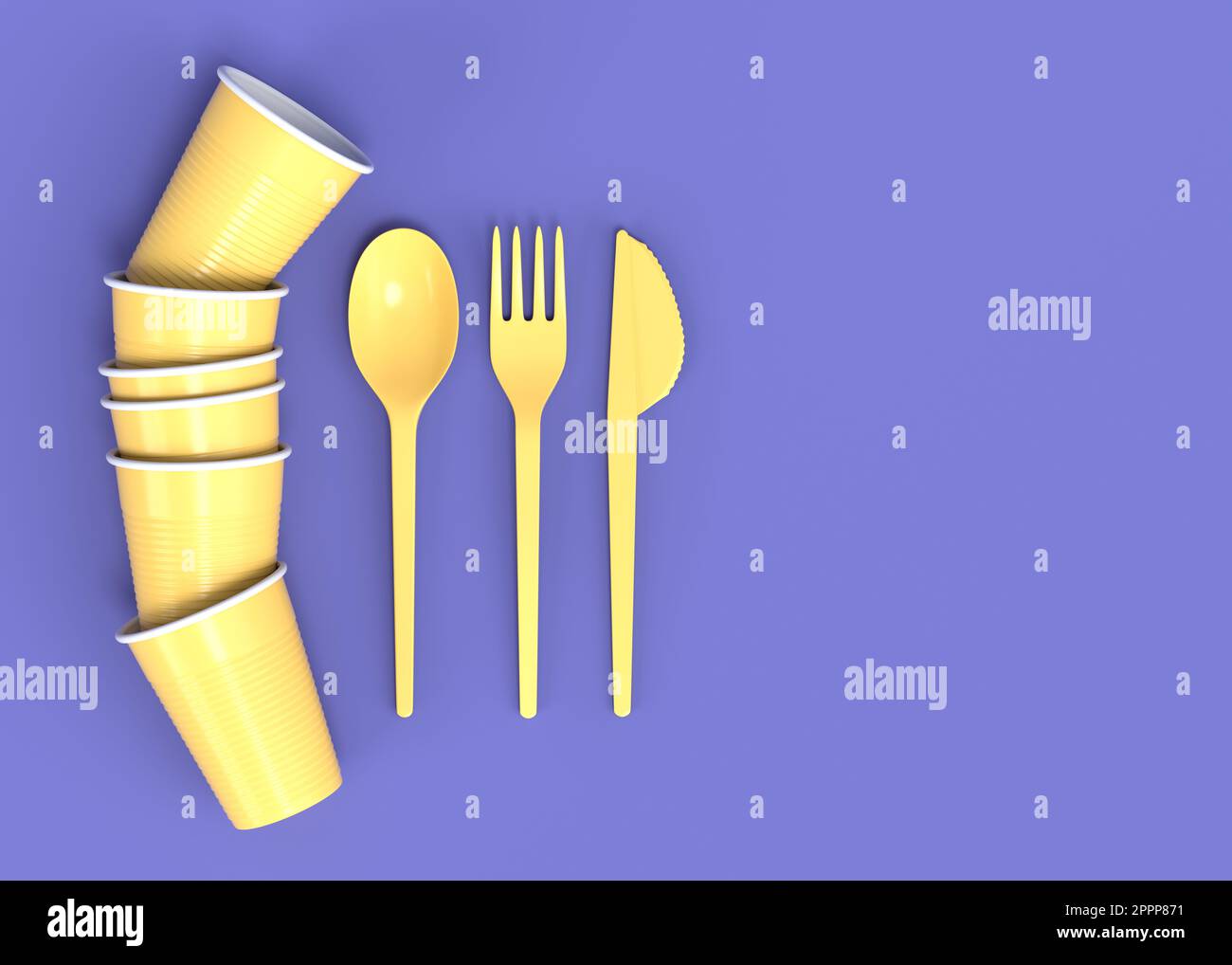 Set of disposable utensils like plate, folk, spoon,knife and cup on ...