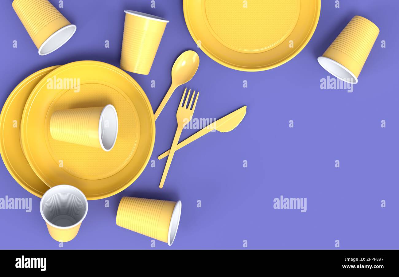 Set of disposable utensils like plate, folk, spoon,knife and cup on ...