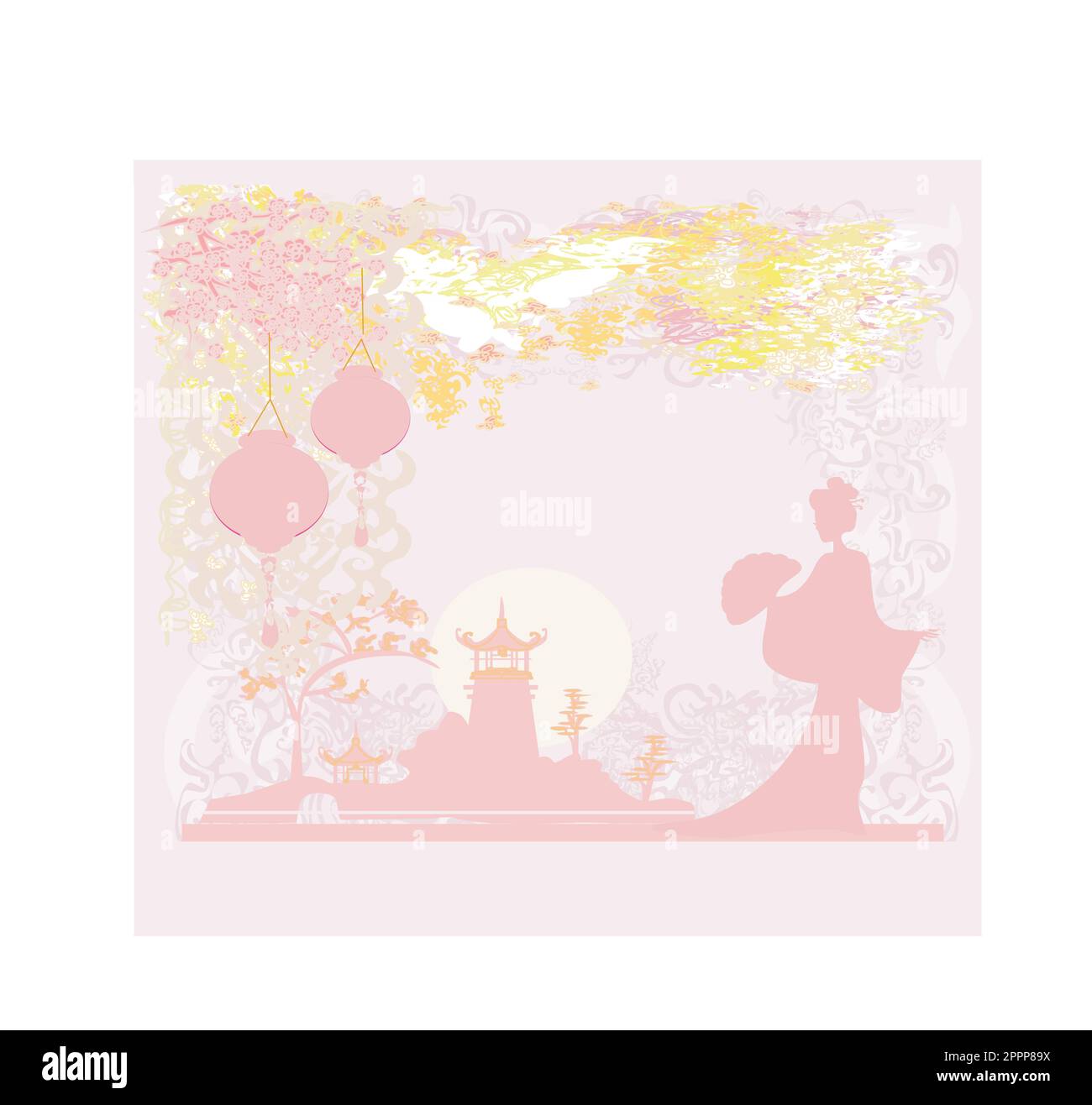 old paper with Asian Landscape and Chinese Lanterns - vintage japanese ...