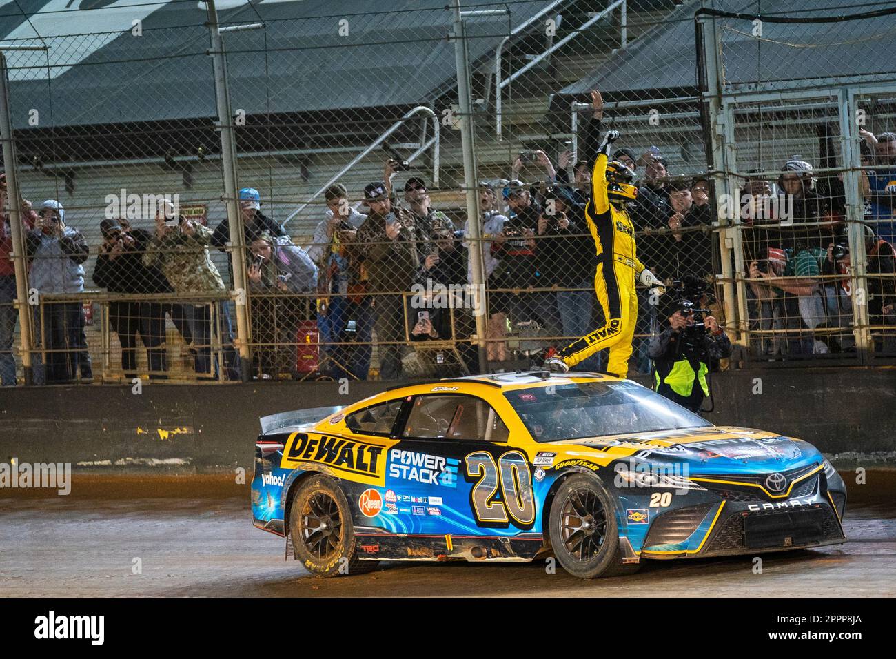 Christopher Bell celebrates his win for the Food City Dirt Race in ...