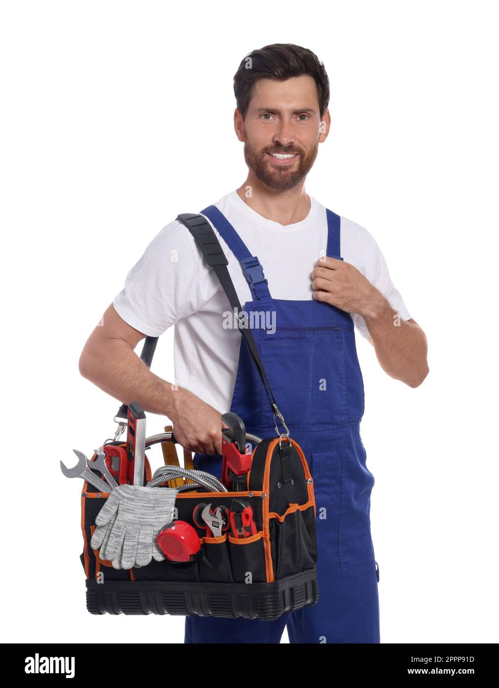 Professional plumber with tool bag on white background Stock Photo - Alamy
