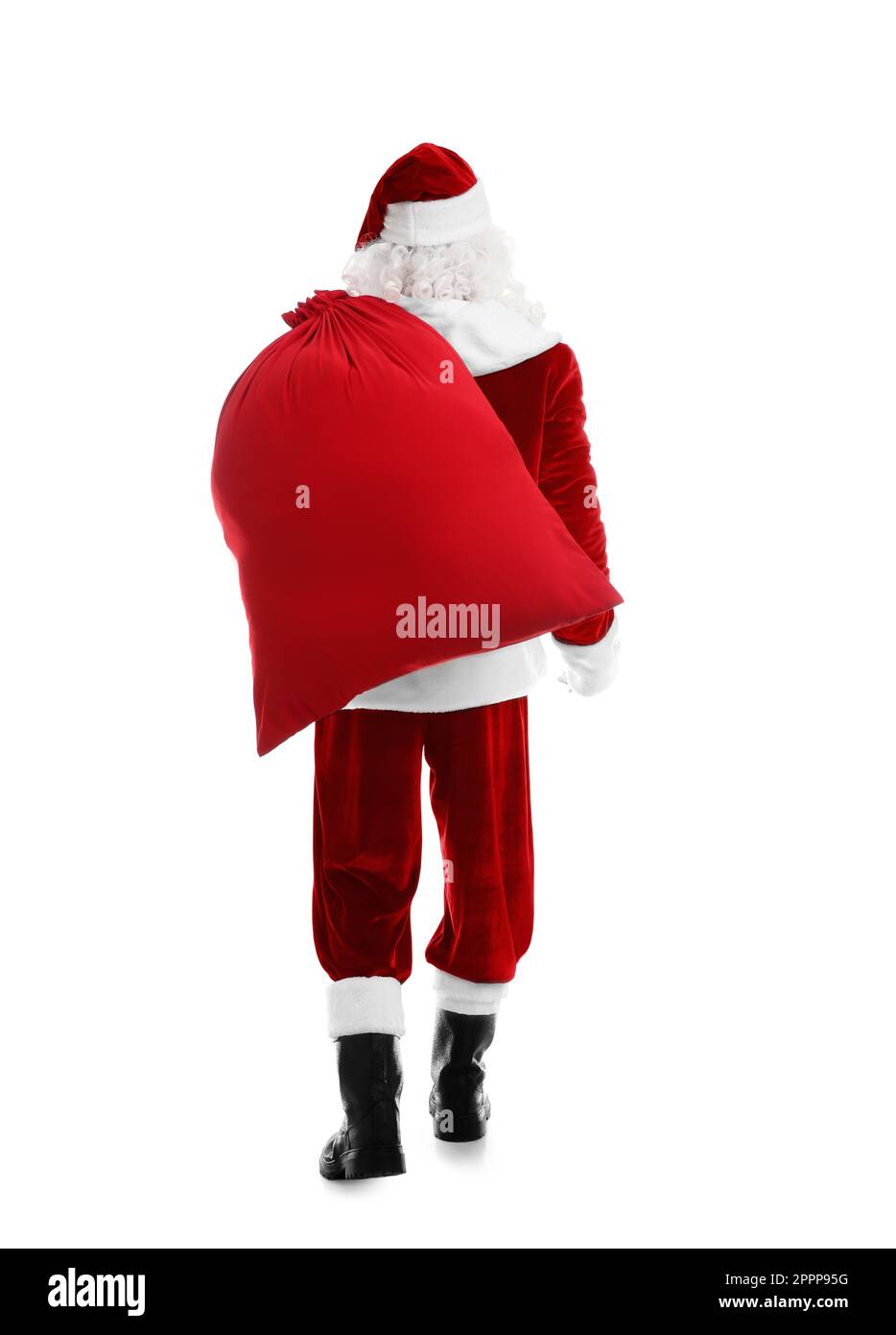 Santa Claus with sack walking on white background, back view Stock ...