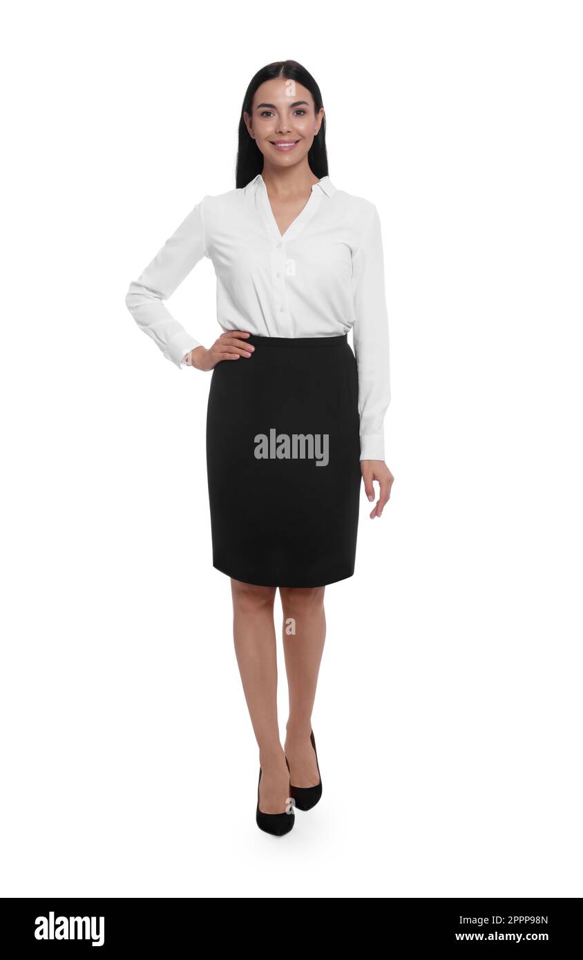 Full length portrait of hostess in uniform on white background Stock ...